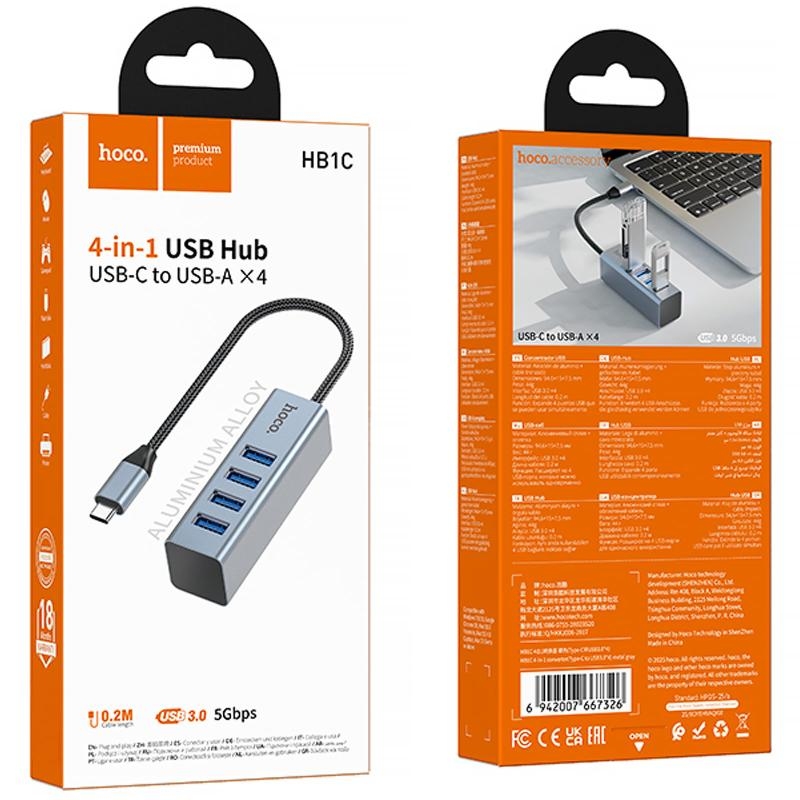 Hoco HB1C 4-in-1 converter(Type-C to USB3.0*4) metal gray | extra.md